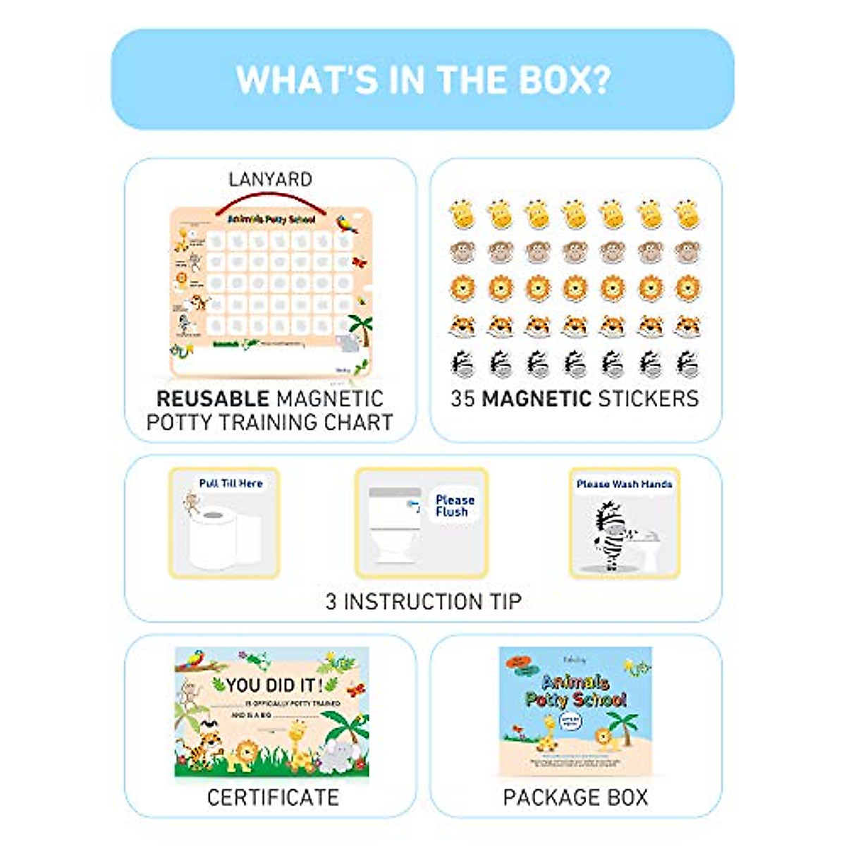 Potty Training Chart for Toddlers,Boys,Girls - Animal Design - Magnetic Sticker Chart, Waterproof Magnetic Potty Training Reward Chart, Certificate, 3 Instruction Steps, 35 Magnetic Stickers