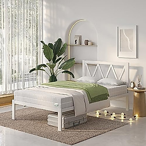 Novilla Twin Bed Frame with Headboard, Metal Platform Bed Frame, Heavy Duty, No Box Spring Needed, Wood Slat Support, Easy Assembly, White