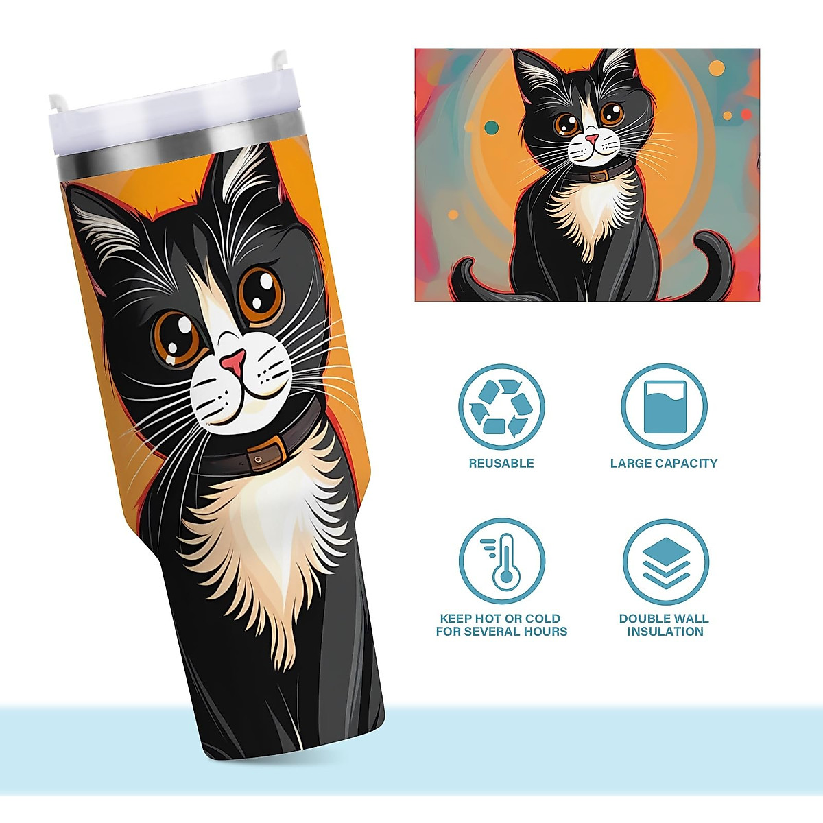 Cat Cartoon Tumbler with Handle and Straw 30-40 Lid Cup Holder Compatible for Travel Insulated Stainless Steel Cup Food Grade PP Gifts for Him Her BPA-free