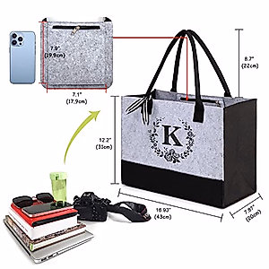 BeeGreen Felt Monogram Tote Bag Initial Tote Bag w Inner Pocket Stand Upright Utility Tote Bag Personalized Gifts for Women Teacher Wedding Bridesmaid Birthday Beach Handbag for Shopping Groceries K