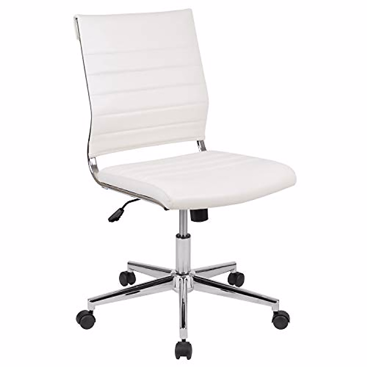 Merrick Lane Corrina White Ergonomic Swivel Office Chair Ribbed Faux Leather Back and Seat Mid-Back Armless Computer Desk Chair with Chrome Base