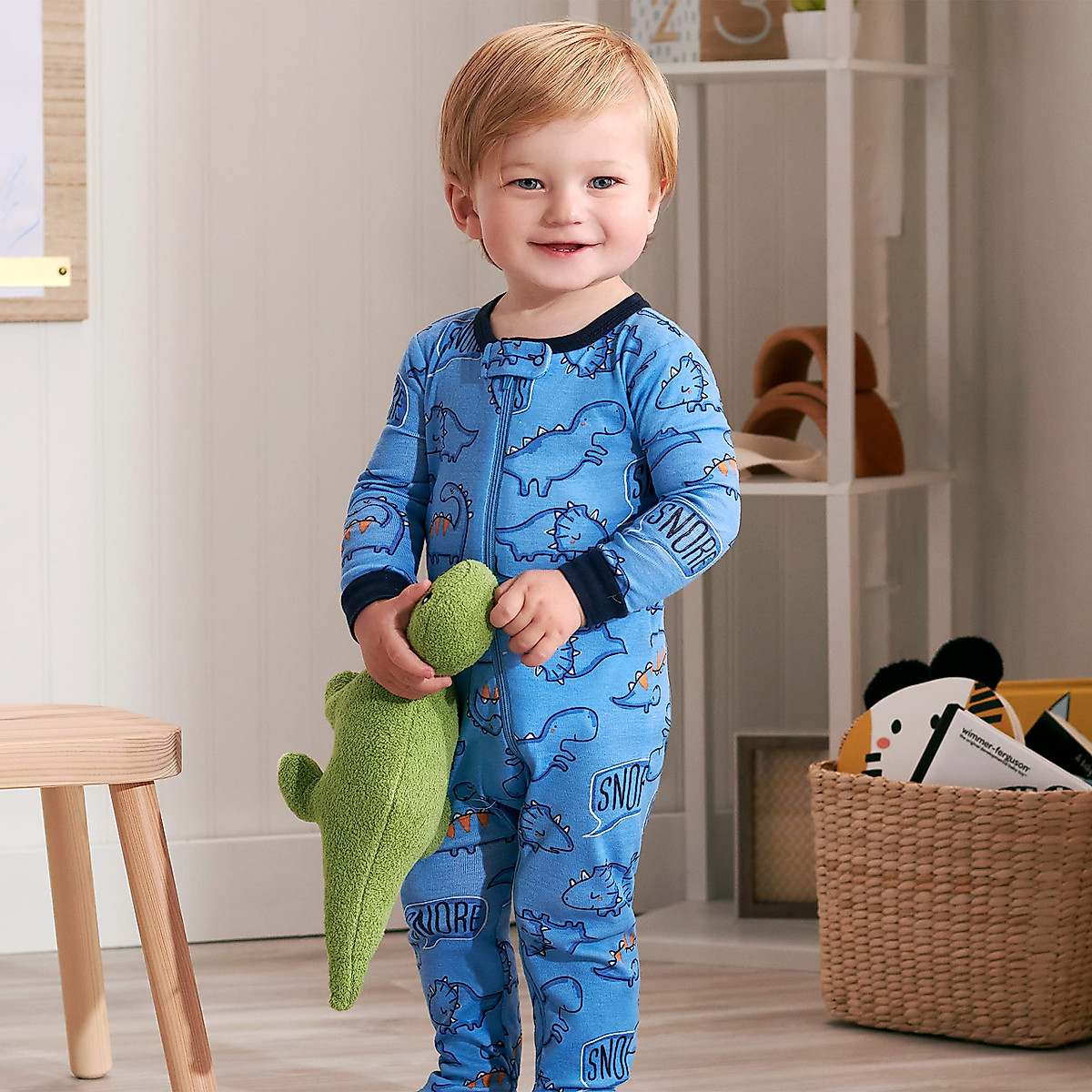 Gerber Baby Boys' 2-Pack Footed Pajamas, Sleepy Blue Dino, 0-3 Months
