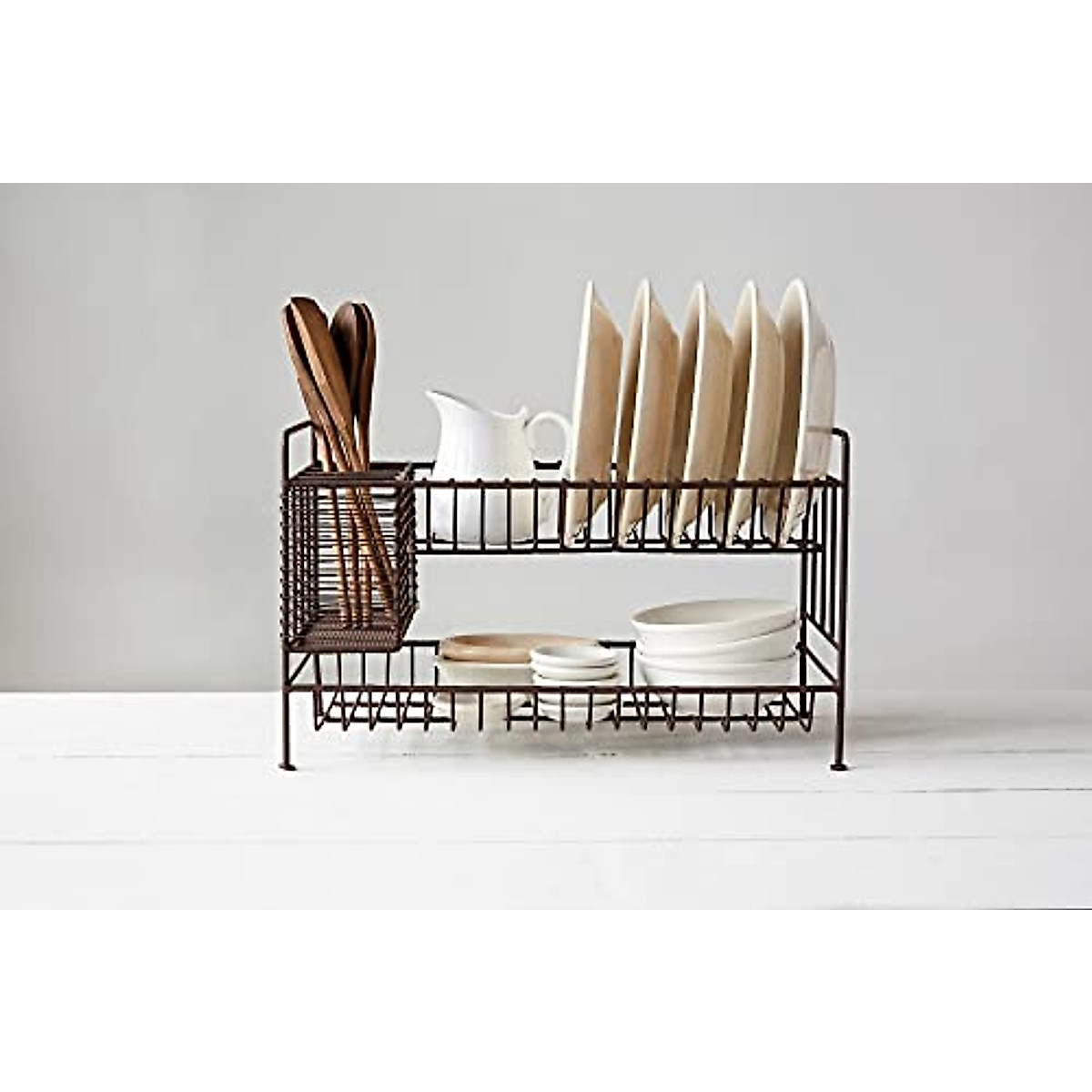 Creative Co-Op 2-Tier Metal Dish Rack with Utensil Compartment