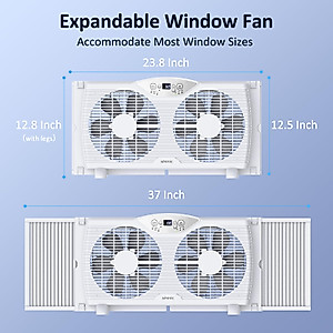shinic Twin Window Fan with Remote, 9-Inch Blades Reversible Airflow, Thermostat Control, 3 Speeds, 3 Functions, 23.8"-37" Expandable Width, Window Exchaust Fans for Home Bedroom, ETL Certified