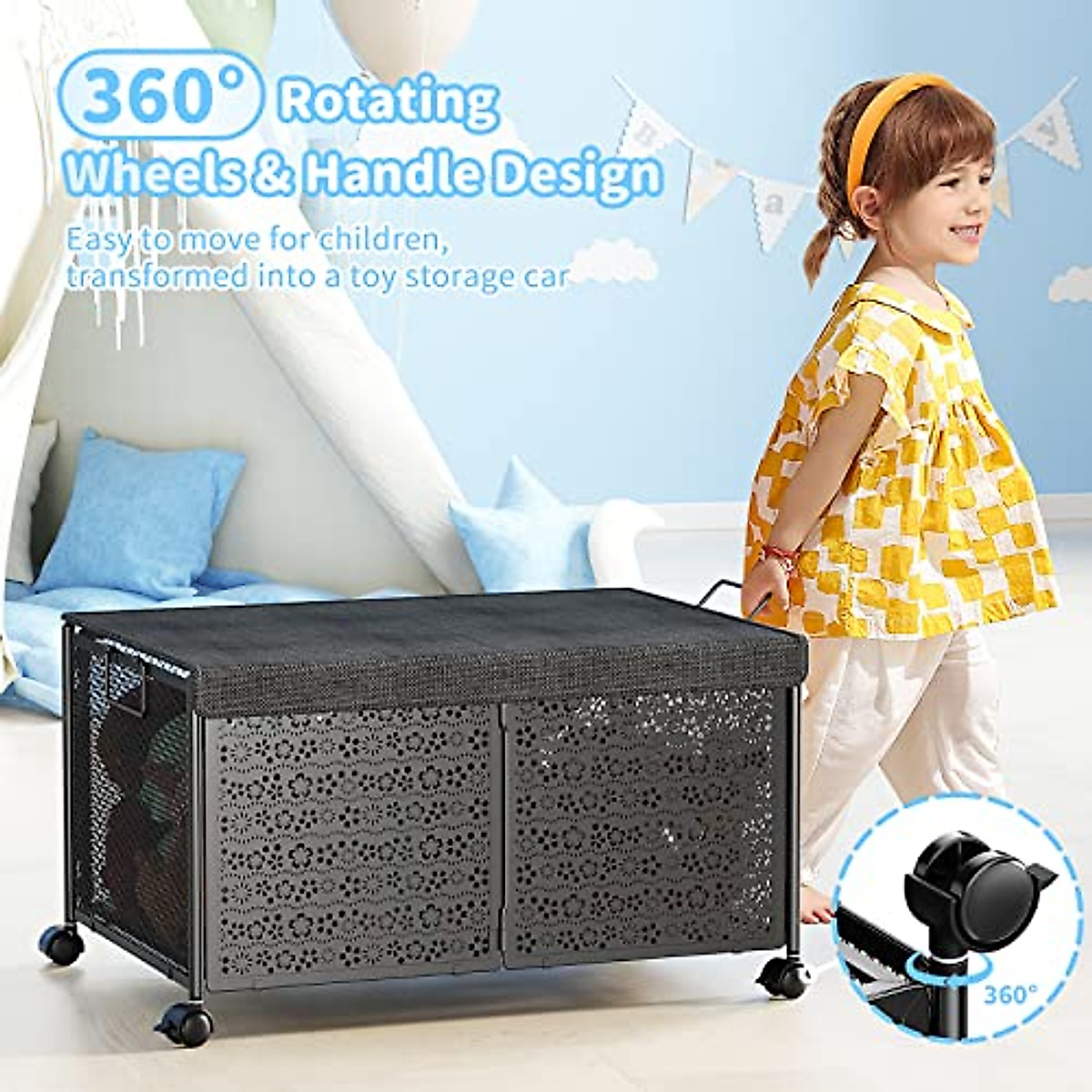 PHINOX Toy Box Storage, Toy Chest Toy Organizers and Storage Bins, Large Toy Box for Boys Girls, 70L Toy Storage Organizer with Wheels, Collapsible Metal Kids Toy Storage for Nursery, Playroom,1 Pack