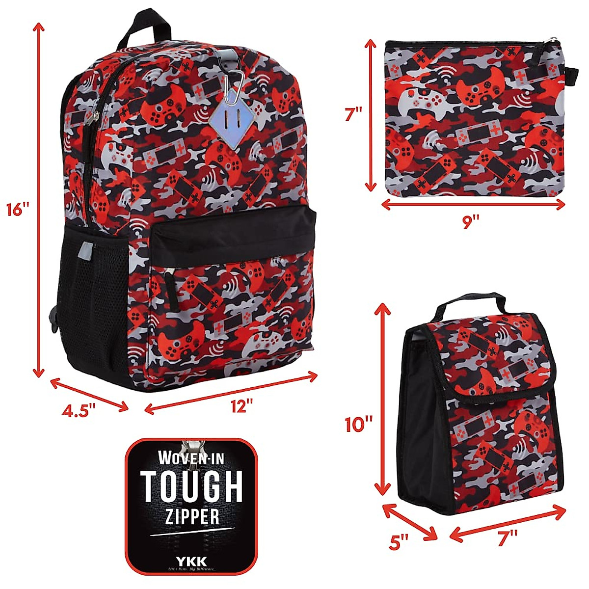 RALME Red Camo Gaming Backpack Set for Boys, 16 inch, 6 Pieces - Includes Foldable Lunch Bag, Water Bottle, Key Chain, & Pencil Case