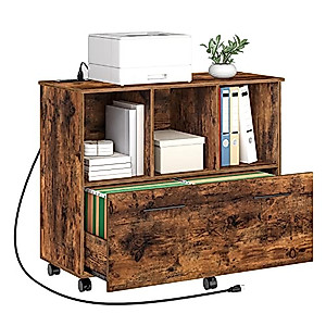 HOOBRO Wooden File Cabinet, Filing Cabinet with Charging Station, Mobile Lateral Home Office Cabinet, Rolling Printer Stand with 3 Open Compartments and Drawer, A4, Letter Size, Rustic Brown FG22UWJ01