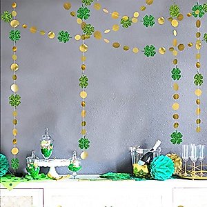Pink Forest Glitter Green Shamrock Clover Garland with Gold Circle Dots Hanging Streamer for Irish St Patrick’s Day Decoration Spring Baby Shower Birthday Party Supplies