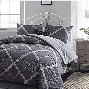 ATsense Comforter Set Queen, All Season 3-Piece 100% Cotton Fabric, Soft Microfiber Filled Bedding, Lightweight Reversible Duvet Insert (Grey&White, MY005)
