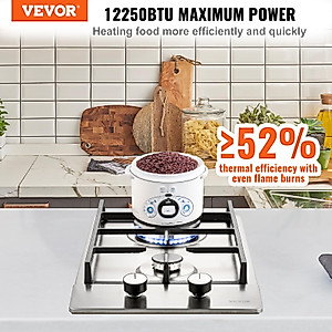 VEVOR 12 inch 2 Burners Cooktop Max 12250BTU Built-in Stainless Steel Stove Top LPG/NG Convertible Dual Fuel Natural Gas Hob with Thermocouple Protection for Outdoor, Kitchen, Camping, RV