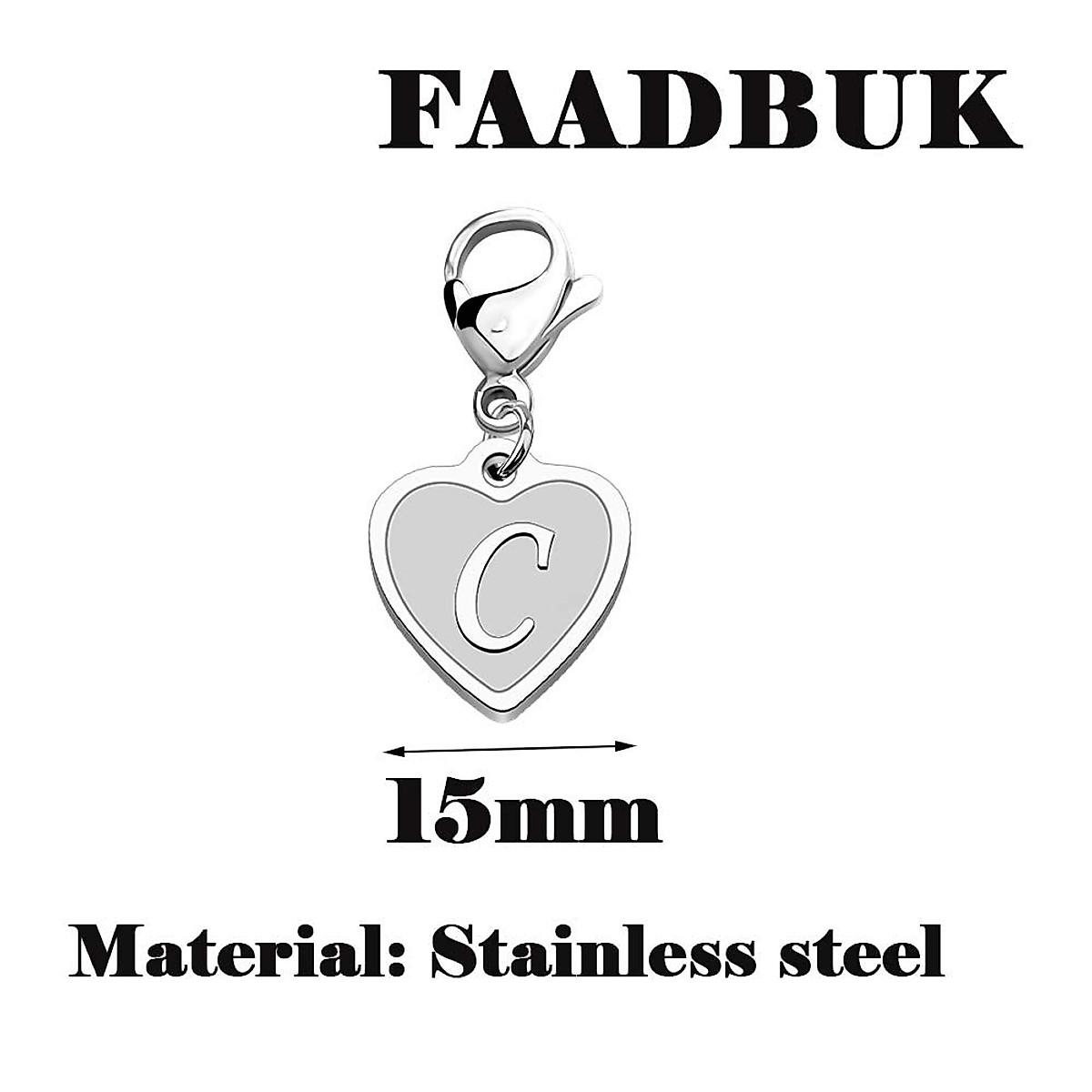 FAADBUK Initial Letter A-Z Alphabet Heart Charm for Bracelet Keychain Necklace Initial Stainless steel Clasp Clip on Charm (intial C)