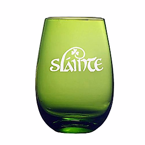 Christmas Gifts for Irish Men Women, Slainte Irish Cheers Etched Stemless Green Wine Glass,14 Ounces