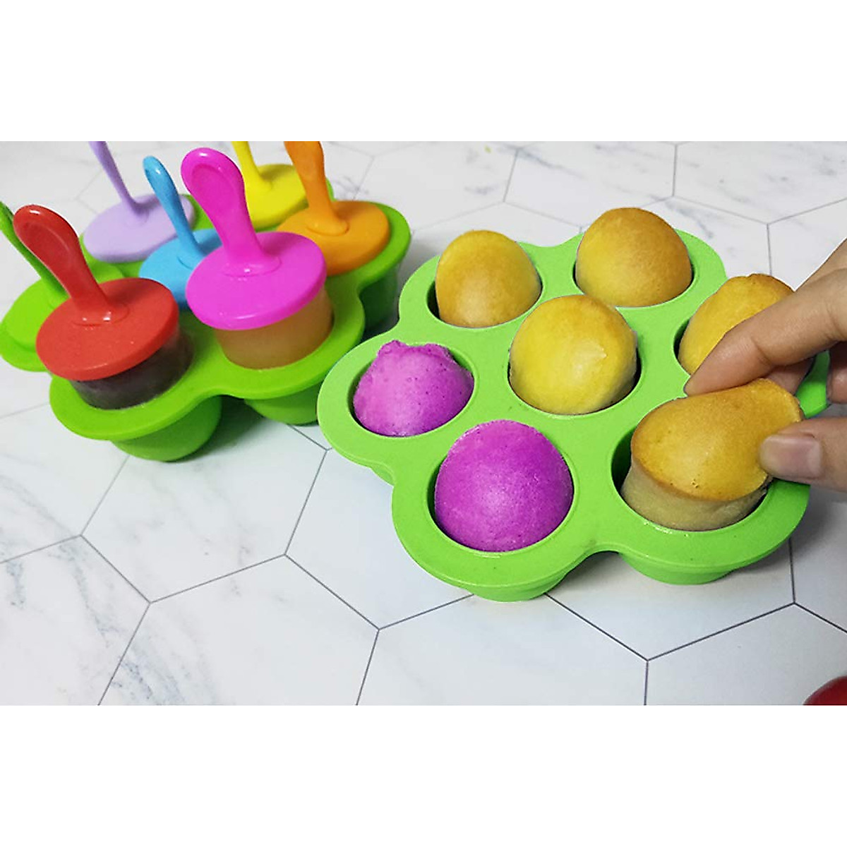 Mini Silicone Popsicle Mold, 7-cavity DIY Ice Pop Mold with Colorful Plastic Sticks, Popsicle Makers for Egg Bites, Lollipop and Ice Cream Mould, Baby Food Storage Container, Non-Stick Ice Cube Trays