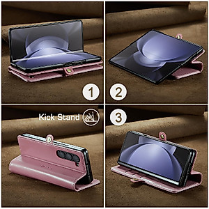 CaseMe for Samsung Galaxy Z Fold 5 5G Wallet Case,Soft PU Leather Flip Case Magnetic Stand Flip Protective Cover Leather Case with ID & Credit Card Slots Holder Case for Z Fold 5 5G (Pink)