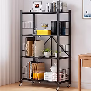 MOLYHOM Folding Storage Shelves, 4-Tier Metal Collapsible Shelves with Wheels, Shelving Units and Storage Rack, Rolling Shelf No Assembly…