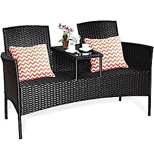 COOURIGHT Outdoor Loveseat, 2 Seats Chair with Table, Cushions, Tempered Glass Tabletop, Wicker Patio Conversation Furniture Set, Modern Rattan Sofa for Garden Lawn Backyard (Red)