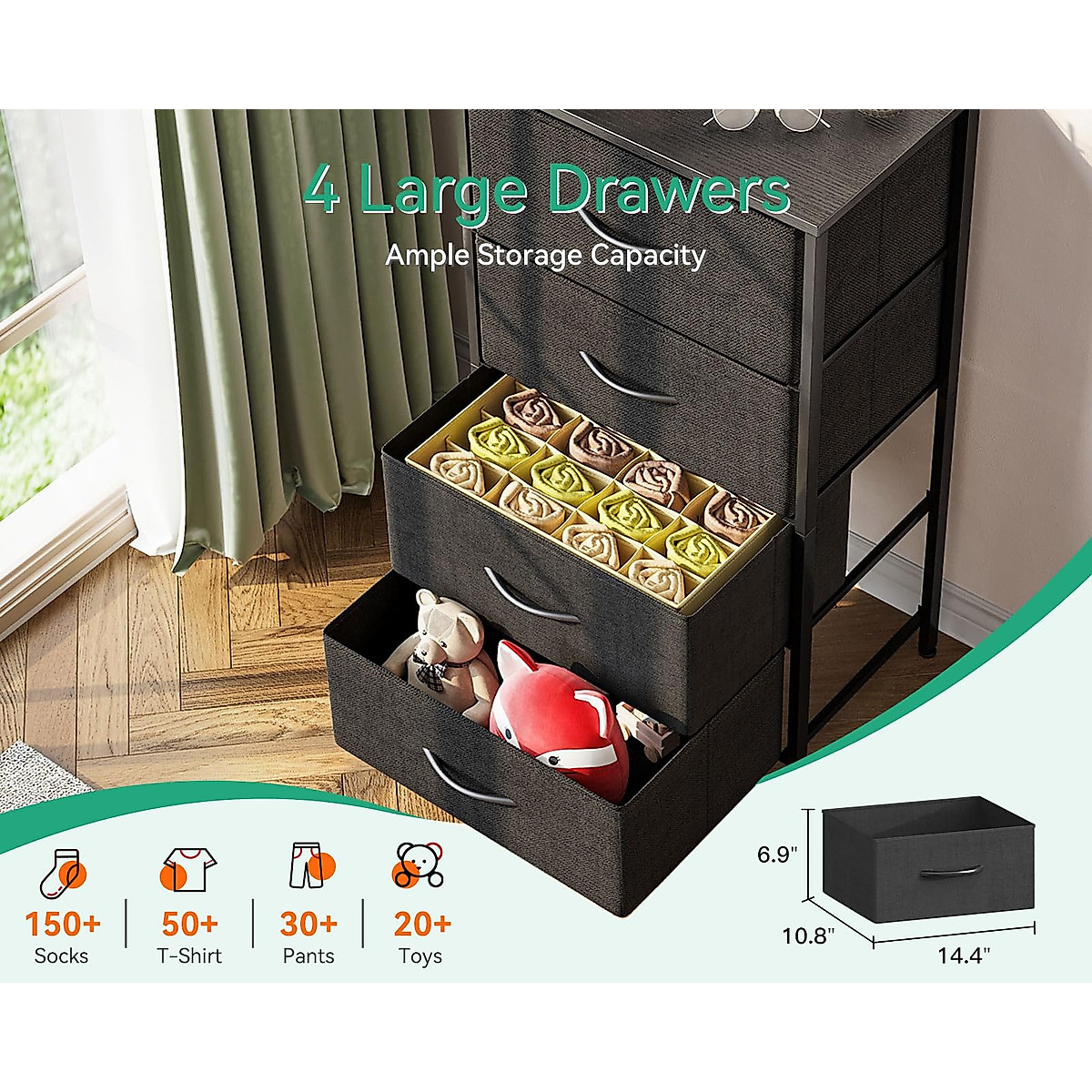 AODK Dresser for Bedroom with 4 Storage Drawers, Small Dresser Chest of Drawers Fabric Dresser with Sturdy Steel Frame, Black