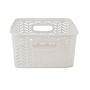 Simplify Small Herringbone Bin | Storage Tote Basket | Organizer | Decorative | Good for Closets | Countertops | Desks | Dressers | Accessories | Cleaning Products | Sports Equipment | Toys | White