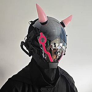 KYEDAY Punk Mask for Men, LED Ox horn Mask,Futuristic Punk Techwear, Cosplay Halloween Fit Party Music Festival Accessories (pink)