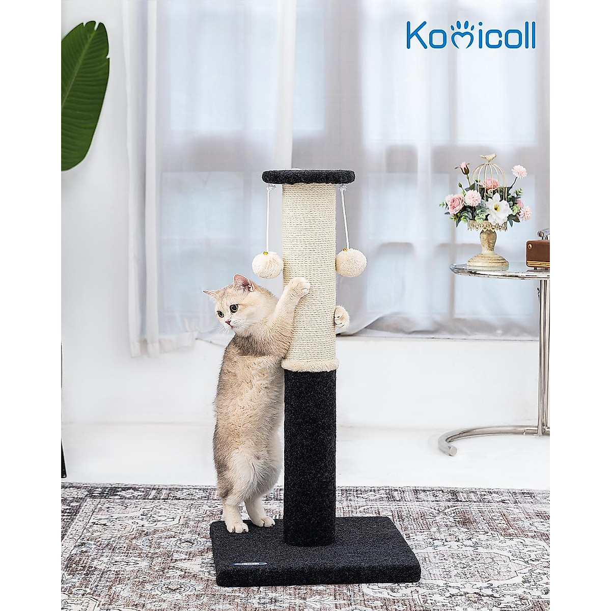 Komicoll 34-Inch Tall Cat Scratching Post for Indoor Cats, Large Carpet Scratch Post, Sisal Cat Scratcher, Sturdy and Durable Cat Post with Hanging Ball