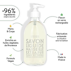 Compagnie de Provence Savon de Marseille Extra Pure Liquid Soap - Cotton Flower - 16.7 Fl Oz Glass Pump Bottle