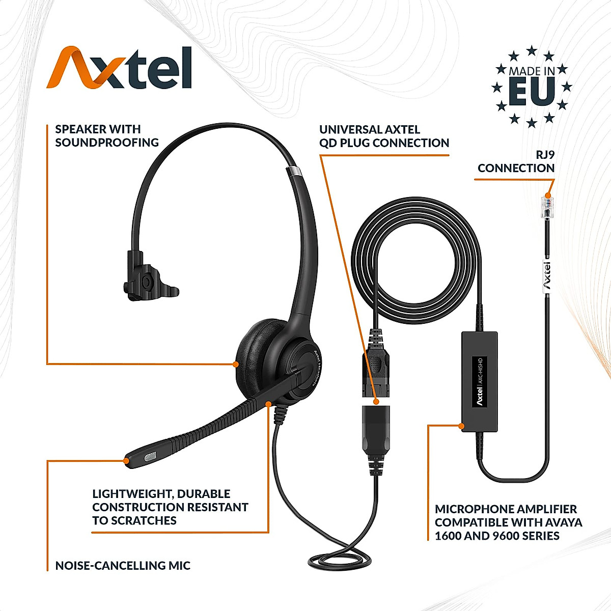 Axtel Bundle Elite HDvoice Mono NC with AXC-HISHD Cable | Noise Cancellation - Compatible with Avaya 1600/9600 Series IP Phones | Microphone Amplifier with up to 8 Levels