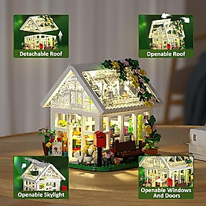 Flower House Building Set, Garden House Building Toy with LED Light, Creative Building Playset, Build a Greenhouse Model, Great Gift for Friends or Girls (597 Pieces)