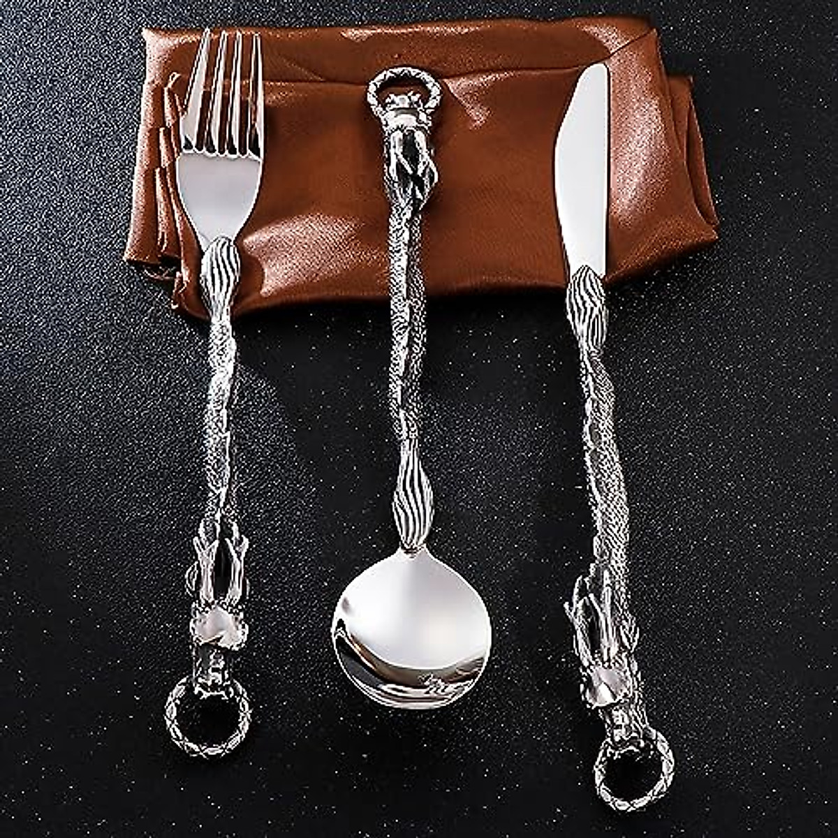 Silverware Set Handmade Cutlery Set of 18 Service for 6 Premium Stainless Steel Utensils,Including Knife/Fork/Spoon,For Halloween Home Kitchen Gift For Gothic,Skull,Skeleton Lover