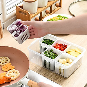 Food Storage Containers with Lids Airtight, Scallion Preservation Box Fridge Fresh-Keeping Container, 6 Grids Draining Crisper Portable Divided Fruit Storage Container Ginger Storage Basket for