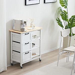 White Mobile Cart on Wheels Coffee Bar w/2 Drawers Kitchen Island Cart with Storage,Rolling Serving Utility Trolley Cart On Wheel with 3 Drawers and 3 Storage Shelves, Kitchen Serving Cart for Bar