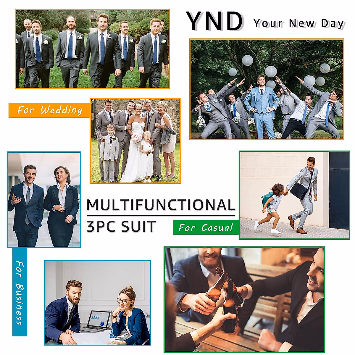 YND Men's Slim Fit 2 Piece Suit, Double-Breasted Jacket Pants Set with Tie, Solid Party Wedding Dress Blazer, Tux and Trousers Khaki