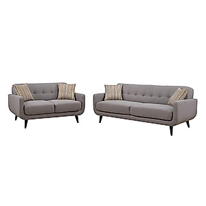 AC Pacific Crystal Collection Mid Century Modern Living Room Furniture, Tufted Back, Solid Espresso Legs, Plush Upholstery, Accent Piece with Minimal Assembly, Sofa and Loveseat, Grey