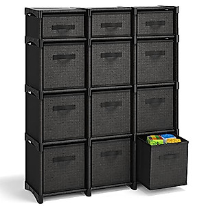 12 Cube Storage Organizer - Black Cube Organizer Shelf, DIY Storage Cubes Organizer Shelves with Fabric Storage Cubes, Sturdy Cubbies Storage Shelves, Cube Storage Shelf for Bedroom, Playroom and More