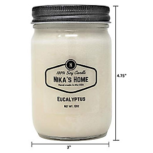 Nika's Home Eucalyptus Soy Candle - 12oz Mason Jar - Non-Toxic Soy Candle-Hand Poured Candle- Handmade, Long Burning Candle-Highly Scented Candle-All Natural, Clean Burning Candle