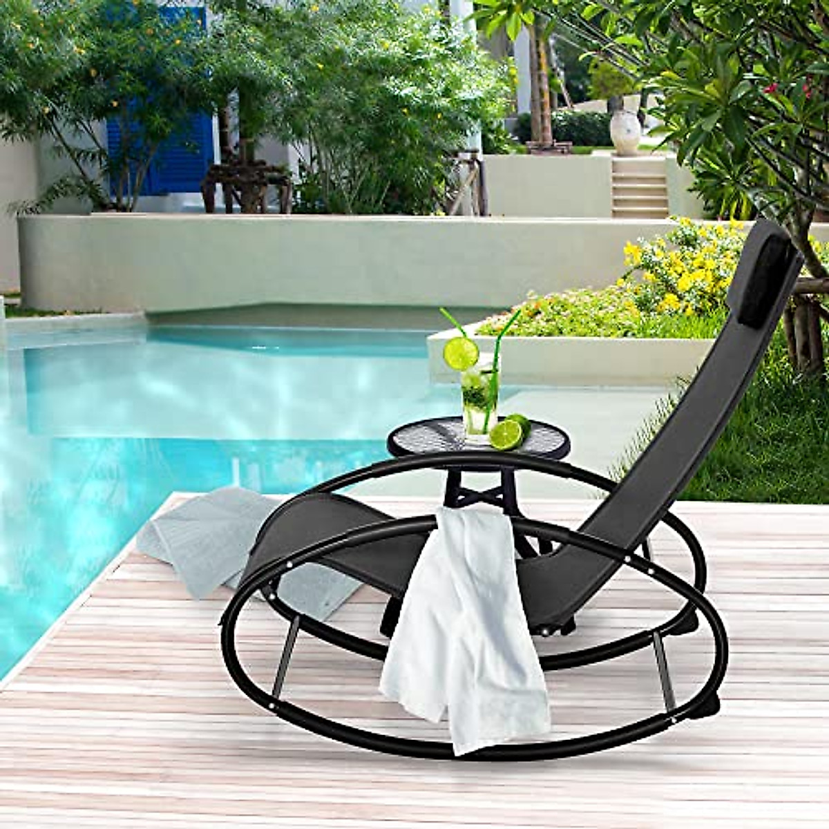 Outsunny Patio Rocking Lounge Chair Orbital Zero Gravity Seat Pool Chaise w/Pillow Black