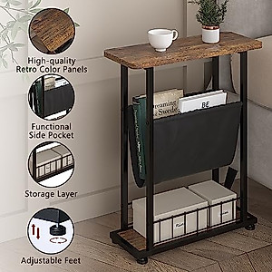 Walmokid 3 Tier Side Table with Magazine Holder, Industrial End Table with Open Storage, Wooden Bedside Table, Nightstand for Living Room, Bedroom, Small Spaces, Easy Assembly, Rustic Brown