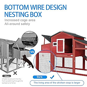 PetsCosset Chicken Coop Wooden Backyard Hen House - Indoor Outdoor for 2-3 Chickens, 2 Story Poultry Cage with Run, Chicken Nesting Box, Pull Out Trays and Anti-Slip Asphalt Ramp