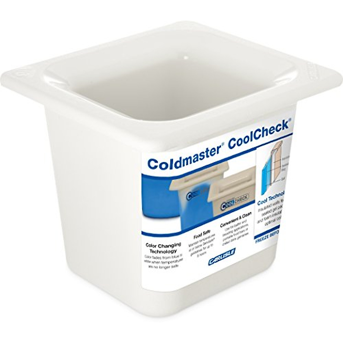 Carlisle FoodService Products CM1104C1402 Coldmaster CoolCheck 6" Deep Sixth-Size Insulated Cold Food Pan, 1.6 Quart, Color Changing, White and Blue