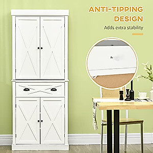 HOMCOM Freestanding Modern Farmhouse 4 Door Kitchen Pantry Cabinet, Storage Cabinet Organizer with 6-Tiers, 1 Drawer and 4 Adjustable Shelves, White