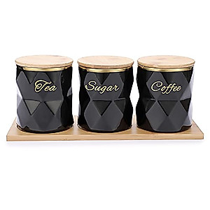 JUXYES Set of 3 Ceramic Canisters Set for Sugar Coffee Tea, Luxurious Storage Containers Sets with Lids Decorative Storage Pots Black Ceramic Storage Jar for Kitchen Counter Dining Room