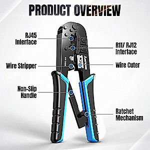 AMPCOM RJ45 Crimping Tool, 8P/6P-RJ11, RJ12 Crimper Cutter Stripper AM-568R
