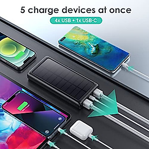 Portable Charger 36800mAh, USB C Input/Output Power Bank, 5 Outputs Battery Pack, IP65 Solar Charger with LED Flashlight, Solar Power Bank Compatible with iPhone 13 12 11 LG Samsung S20 Google