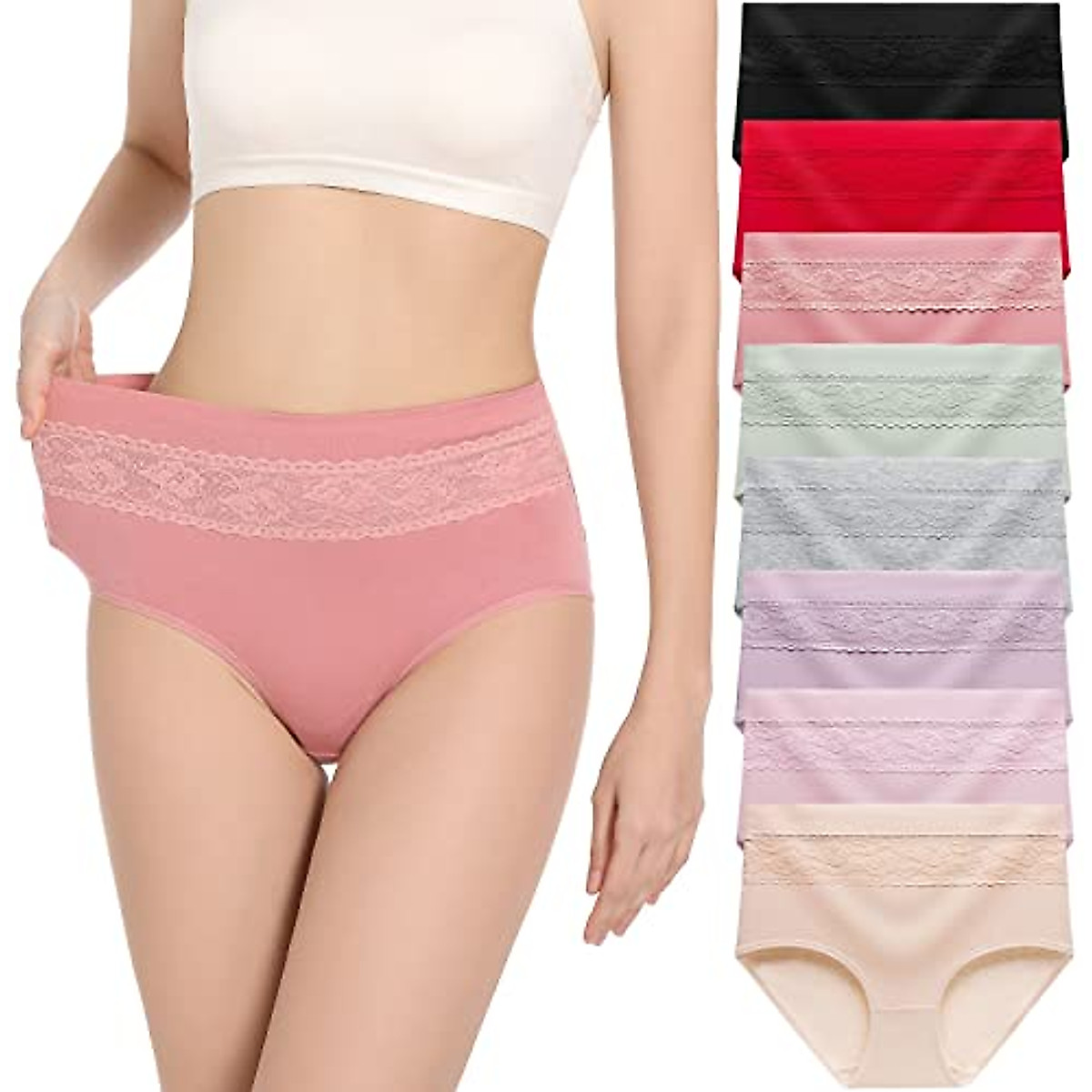 HAVVIS Women's Briefs Underwear Cotton High Waist Tummy Control Panties Rose Jacquard Ladies Panty Multipack (Brief 05-8 Pack - Assorted Colors, Medium)