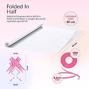 31.5 inch x 100 ft Clear Cellophane Wrap Roll for Gift Baskets with 10 Large Pull Bows and 2 Ribbons -Florist Cellophane Wrap Roll used for Christmas Crafts, Gifts, Flower Bouquet, Wicker Basket, Halloween Sweets