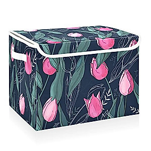CaTaKu Pinkl Tulips Floral Storage Bins with Lids and Handles, Fabric Large Storage Container Cube Basket with Lid Decorative Storage Boxes for Organizing Clothes