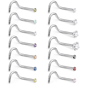 Lcolyoli Nose Rings Screw 18 Gauge Surgical Steel Nose Studs Crystal Hypoallergenic Body Piercing Jewelry 1.5MM Diamond CZ 14 Pieces Silver-tone
