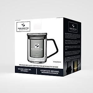 Pure And Easy Tea, Glass Tea Infuser Mug with Lid, Modern Borosilicate Glass Tea Filter Steeping Cup, Best Tea Gift for Loose Leaf Tea Lovers, 400 mL/13.5 oz