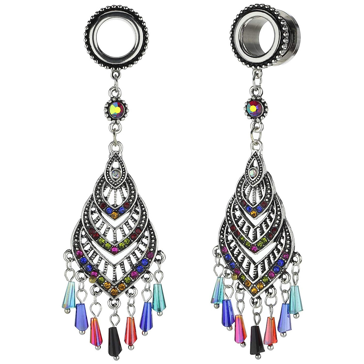 1/2 inch 12mm 316L Surgical Steel Bohemian Multicolor Crystal Tassel Dangle Ear Gauges Piercing Flesh Tunnels Plugs Statement Earrings