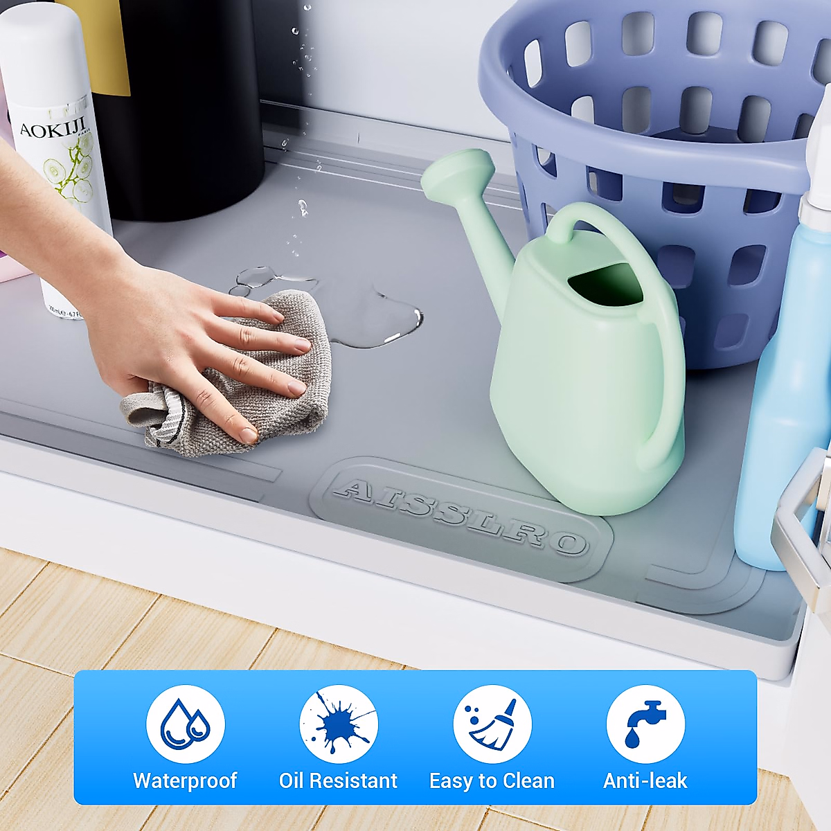 1 Inch Raised Under Sink Mat, 22" X 19" Under Kitchen Sink Mat [BPA Free] Waterproof Silicone Under Sink Mats Bathroom Kitchen Cabinet Shelf Protector, Under Sink Liner Tray, Light Grey