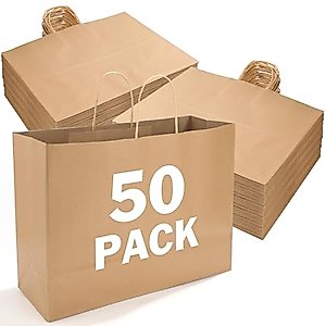 XPCARE 50Pack Paper Gift Bags with Handles Bulk,16x6x12Inch Plain Natural Kraft Bags Packaging,Brown Paper Bags,for Birthday Party,Boutiques,Small Business,Retail Stores,Merchandise